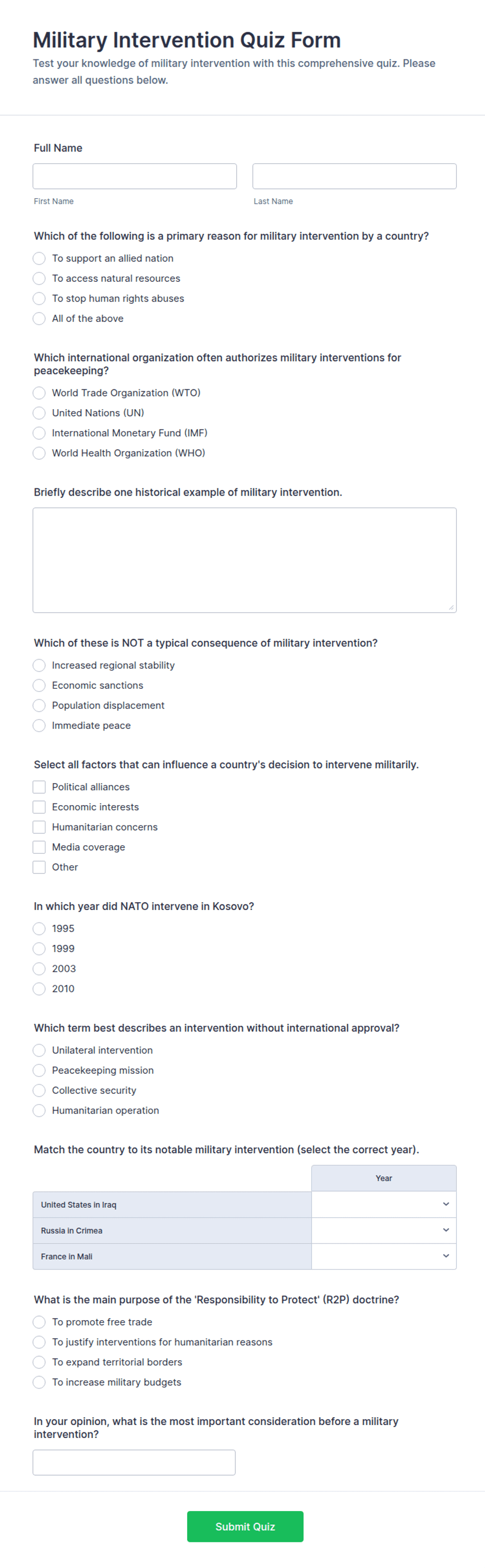 Military Intervention Quiz Form Template | Jotform
