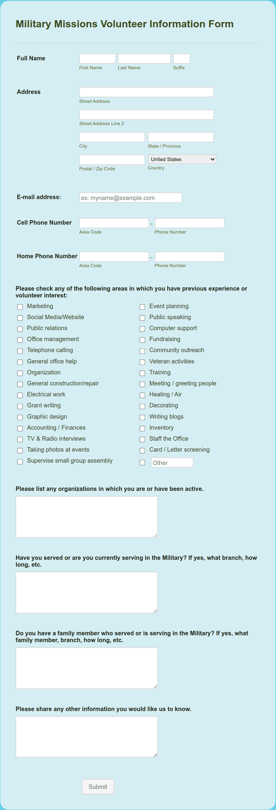 Military Missions Volunteer Information Form Template | Jotform