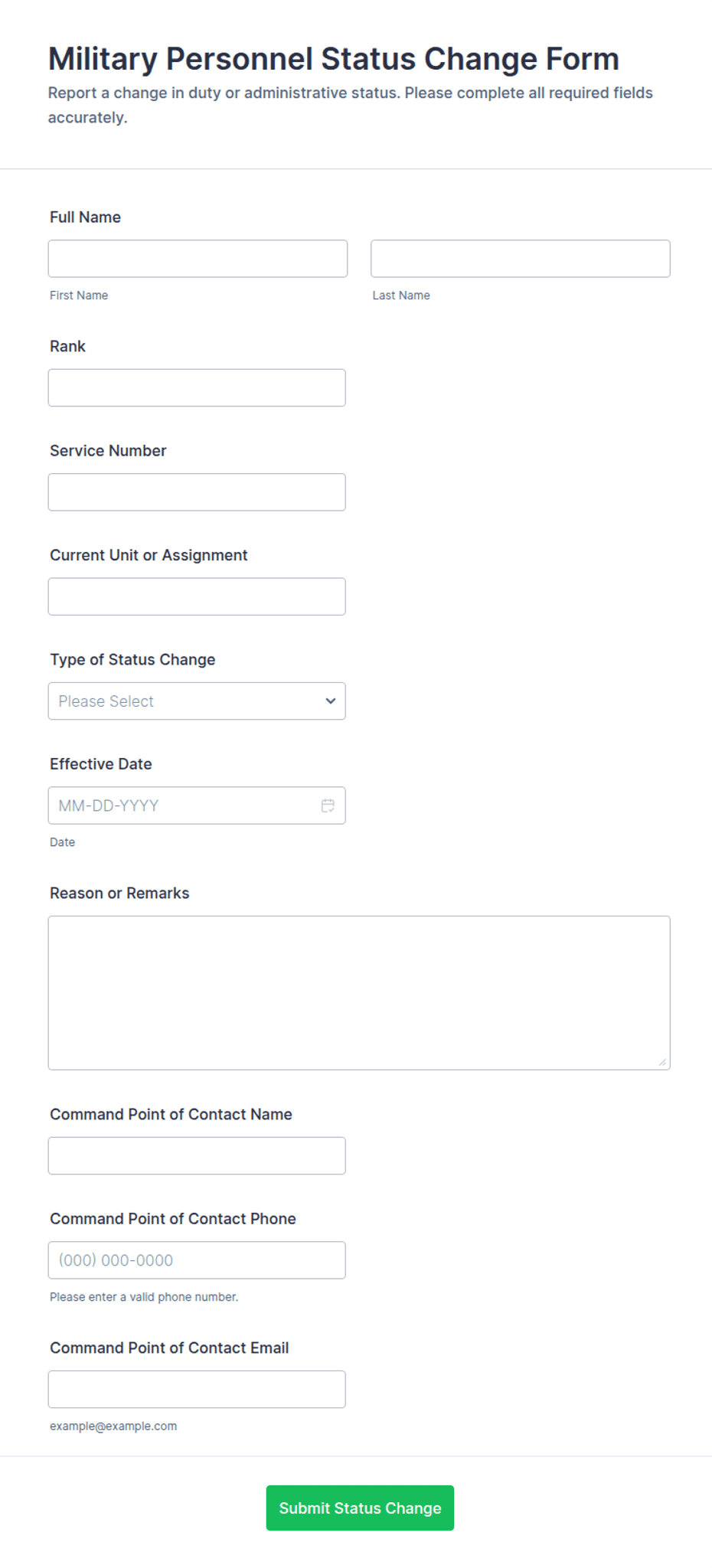 Military Personnel Status Change Form Template | Jotform
