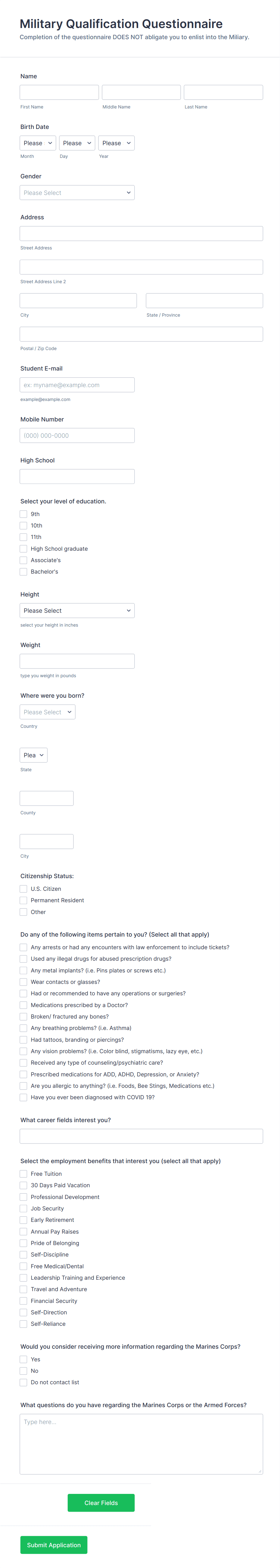 Military Questionnaire Form Template | Jotform