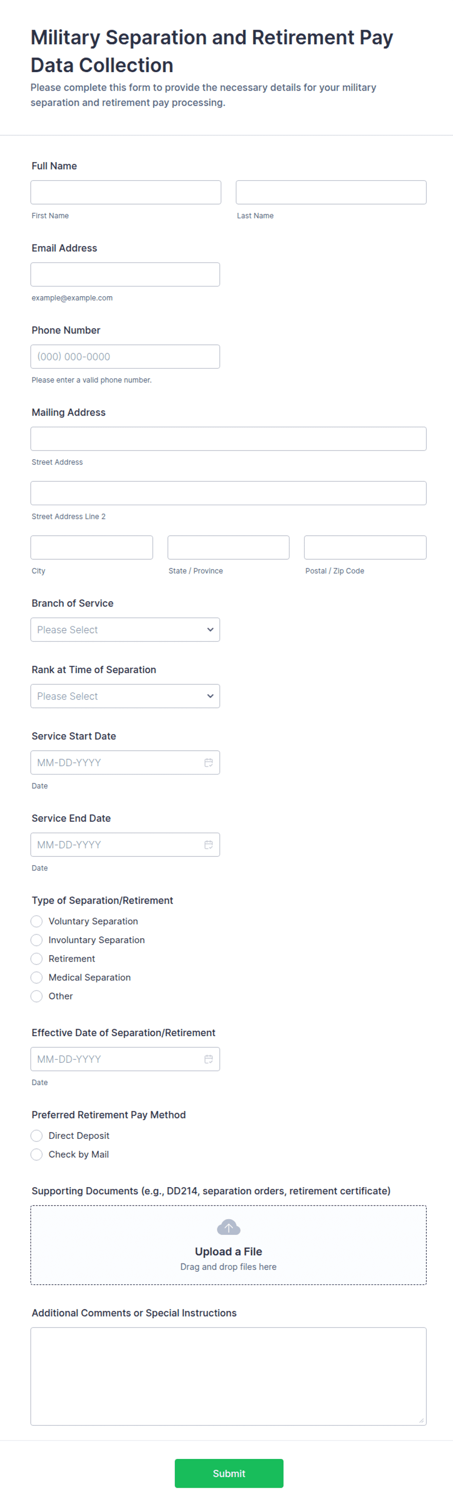 Military Separation and Retirement Pay Data Collection Form Template ...