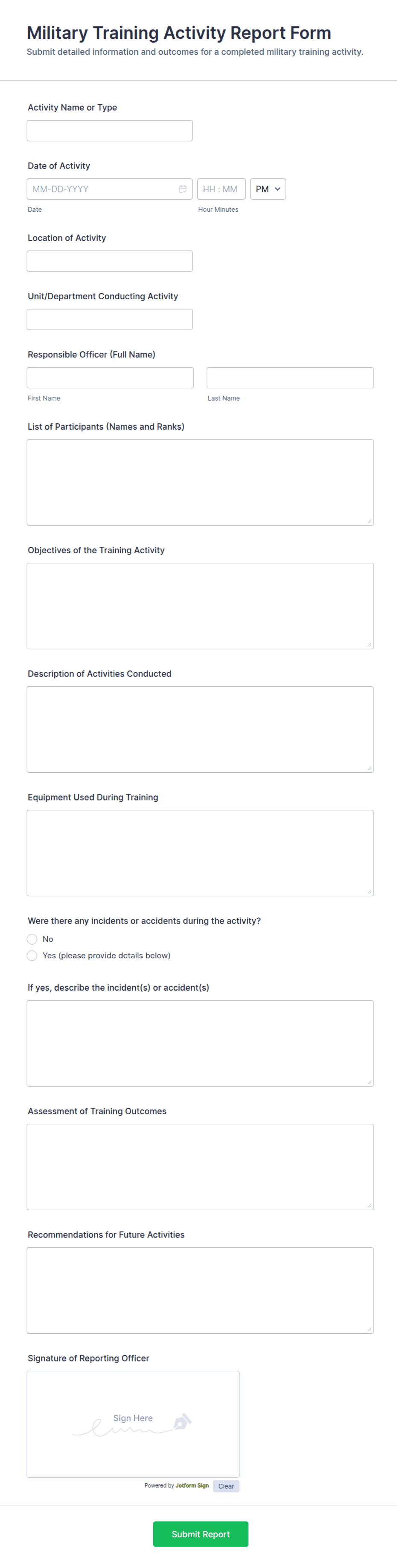 Military Training Activity Report Form Template | Jotform