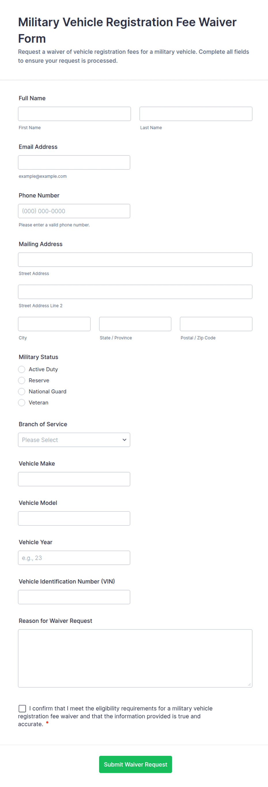 Military Vehicle Registration Fee Waiver Form Template | Jotform