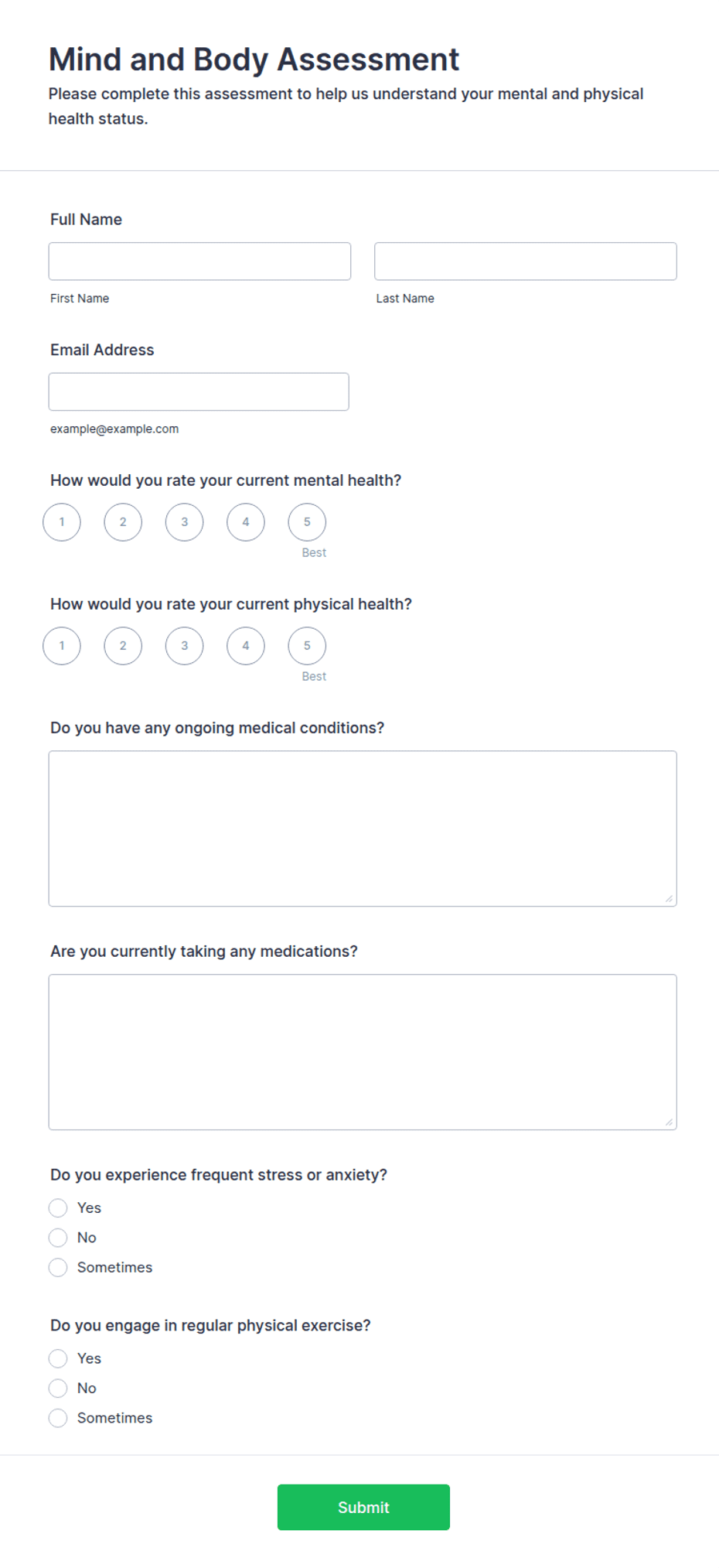 Mind and Body Assessment Form Template | Jotform