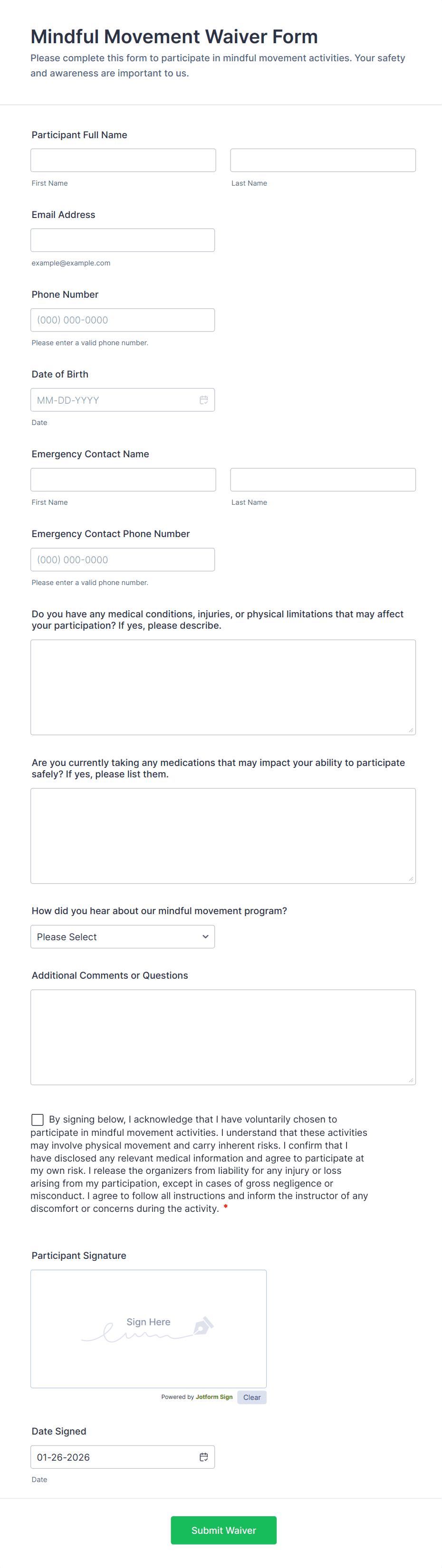 Mindful Movement Waiver Form Form Template | Jotform
