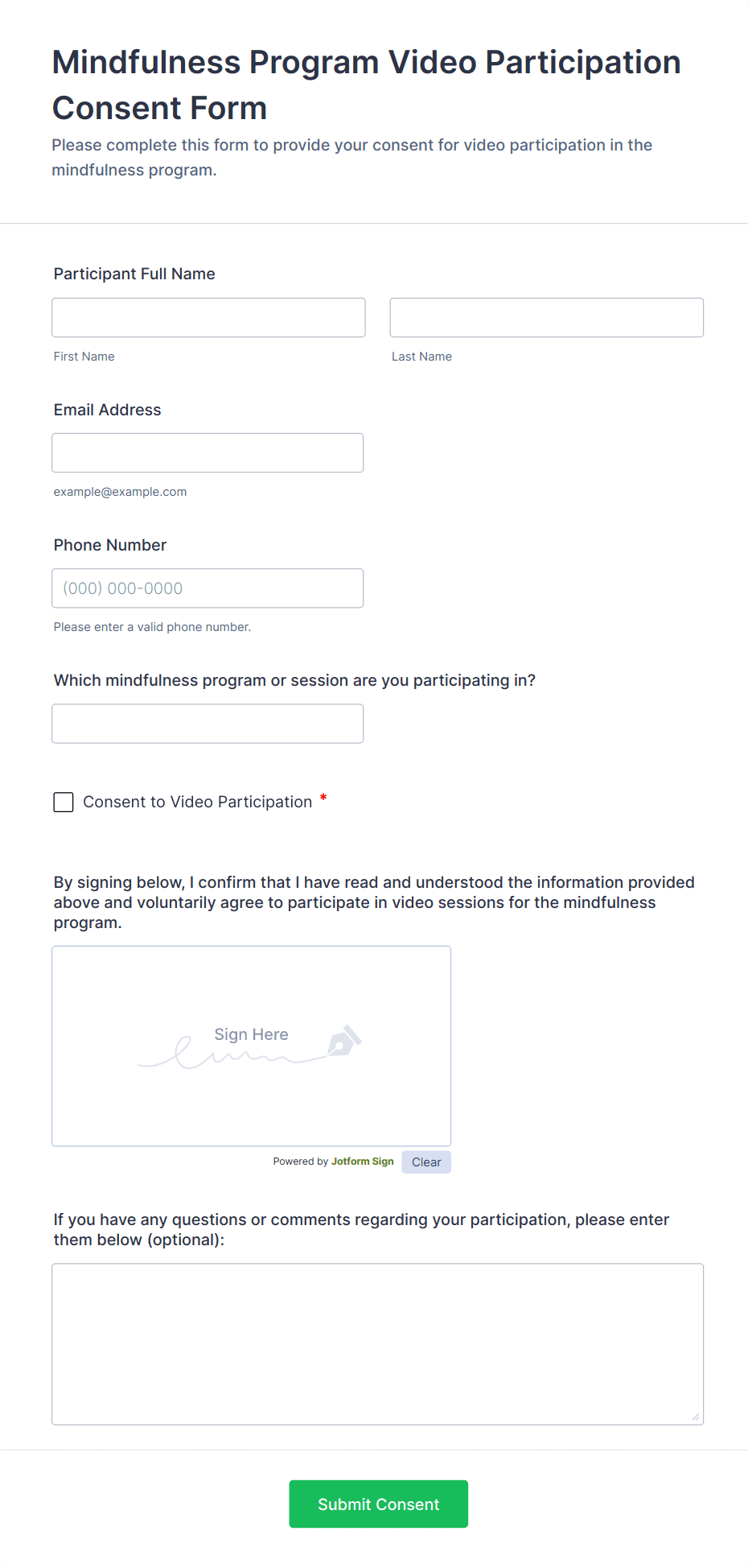 Mindfulness Program Video Participation Consent Form Template | Jotform