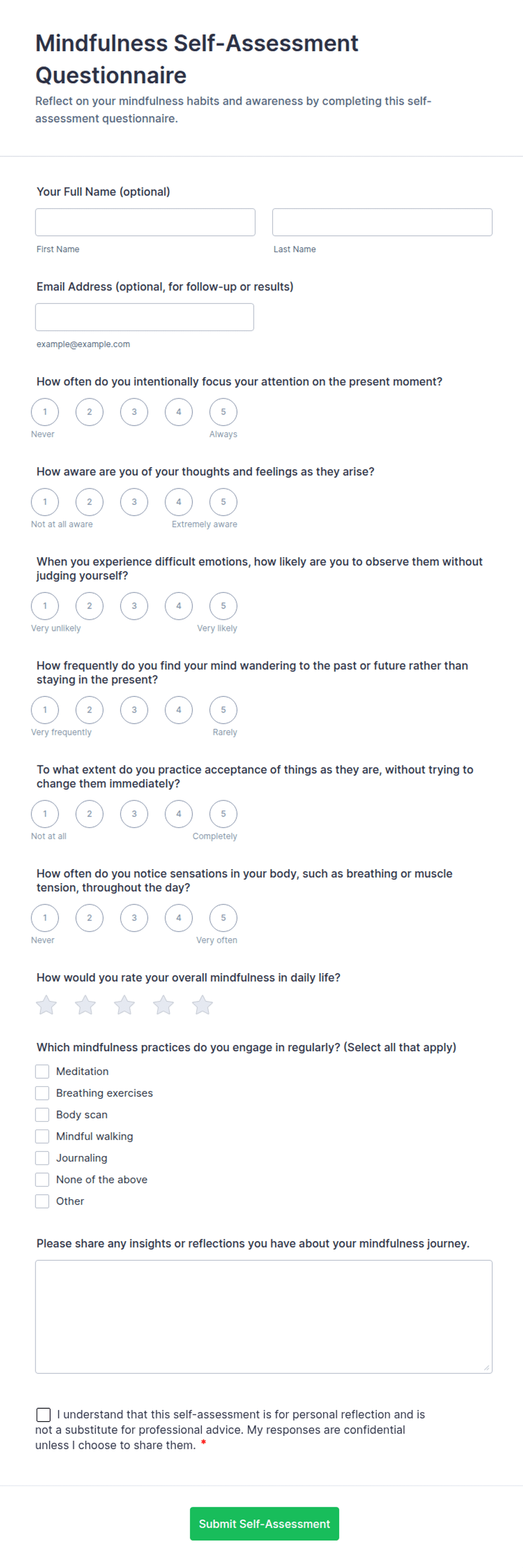 Mindfulness Self-Assessment Questionnaire Form Template | Jotform