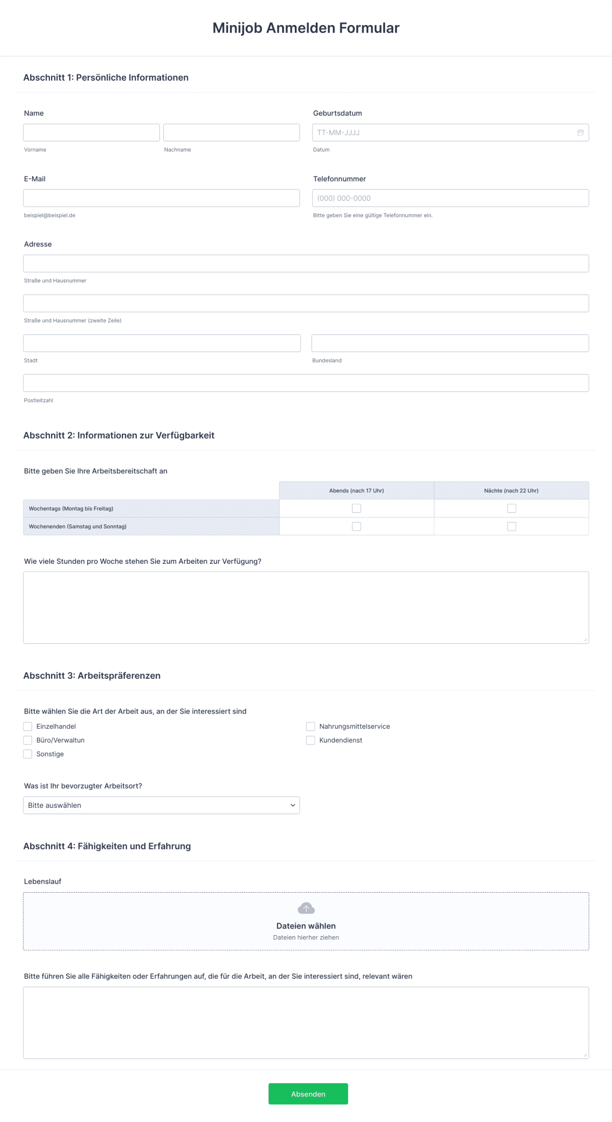 Minijob Anmelden Formular Formularvorlage | Jotform