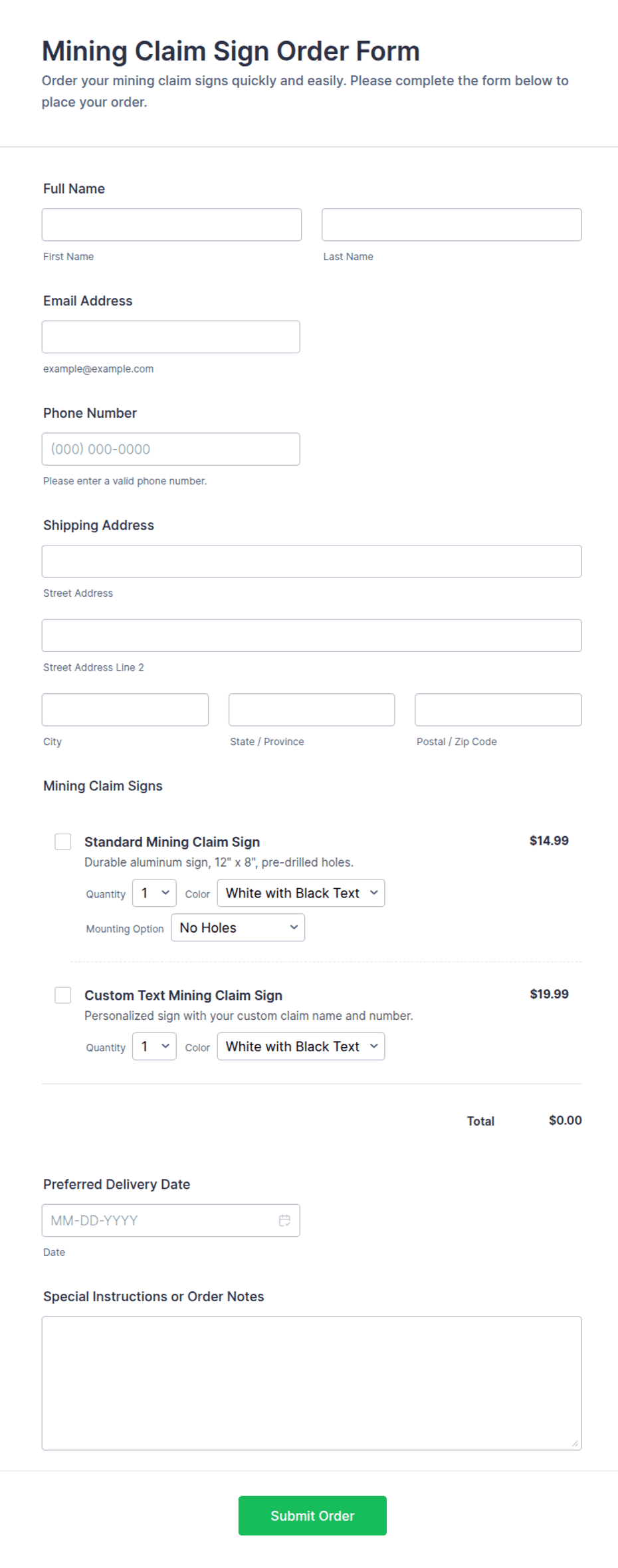 Mining Claim Sign Order Form Template | Jotform