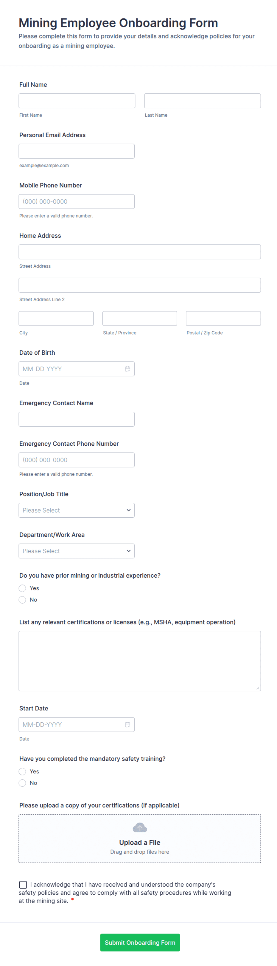 Mining Employee Onboarding Form Template | Jotform