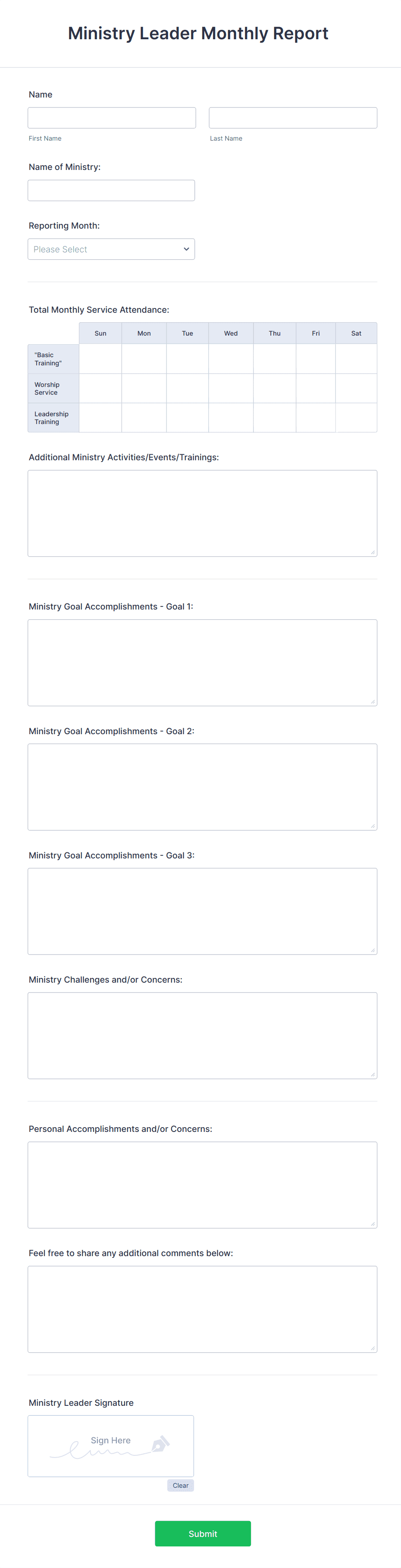 Ministry Leader Monthly Report Form Template | Jotform