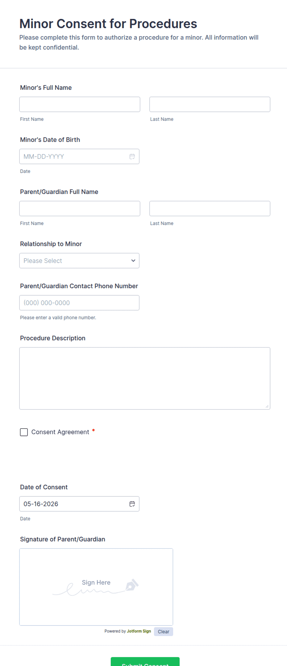 Minor Consent for Procedures Form Template | Jotform