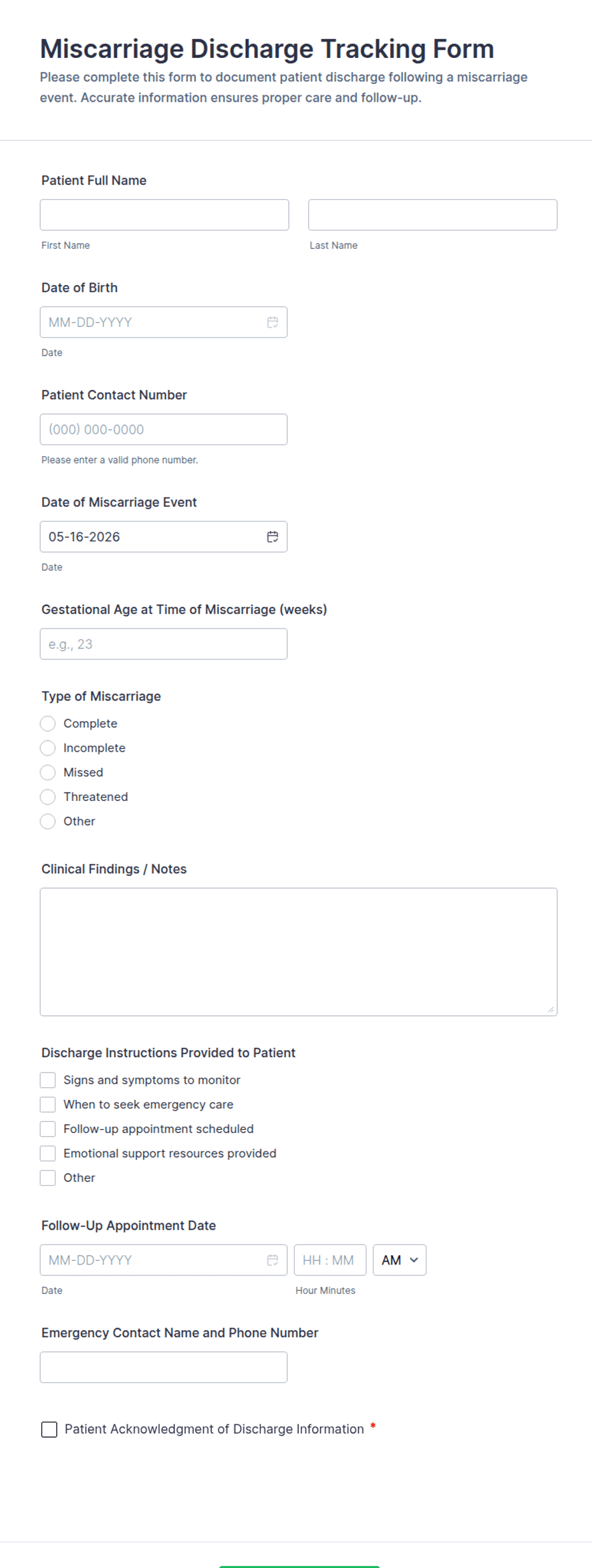 Miscarriage Discharge Tracking Form Template | Jotform