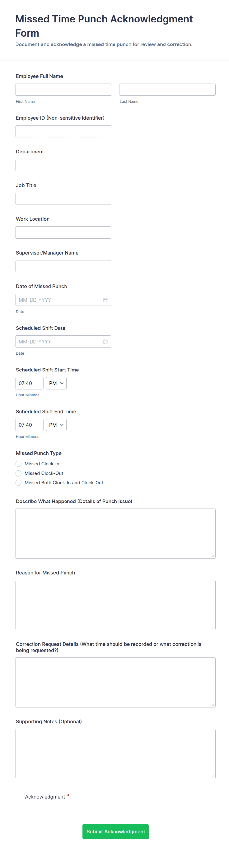 Missed Time Punch Acknowledgment Form Template | Jotform