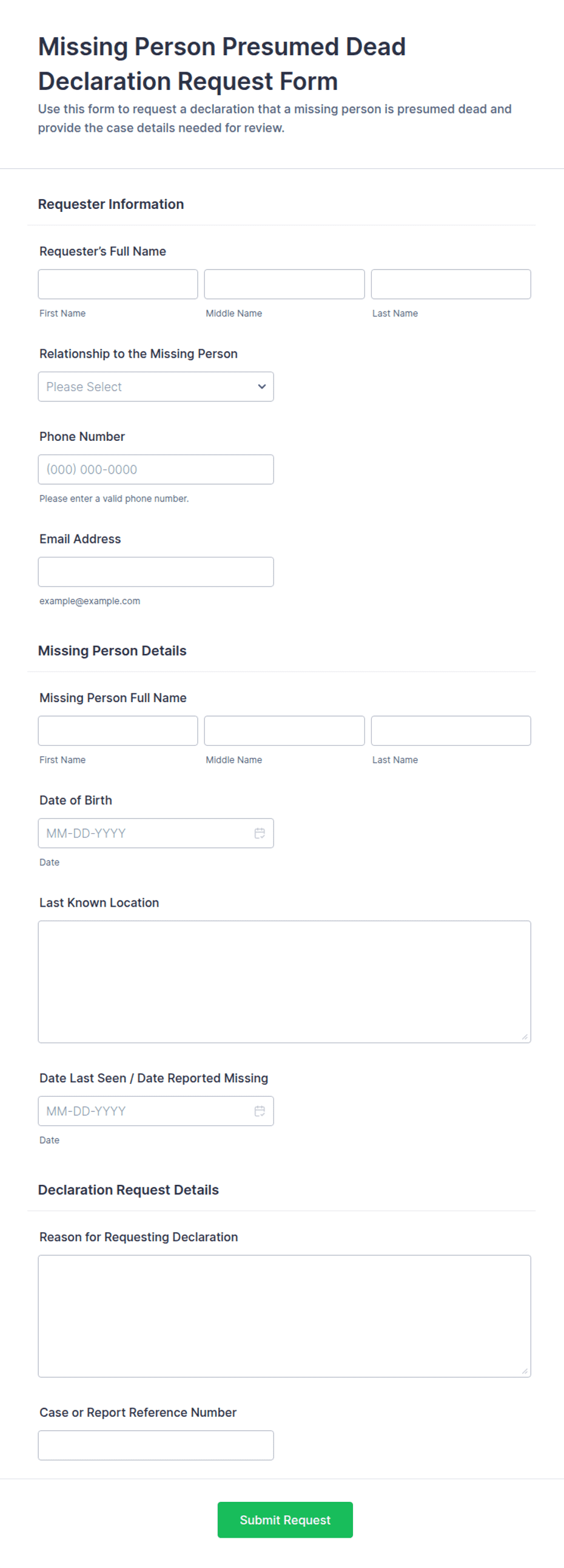 Missing Person Presumed Dead Declaration Request Form Template | Jotform