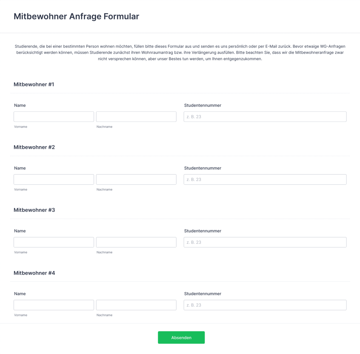 Mitbewohner Anfrage Formular Formularvorlage | Jotform