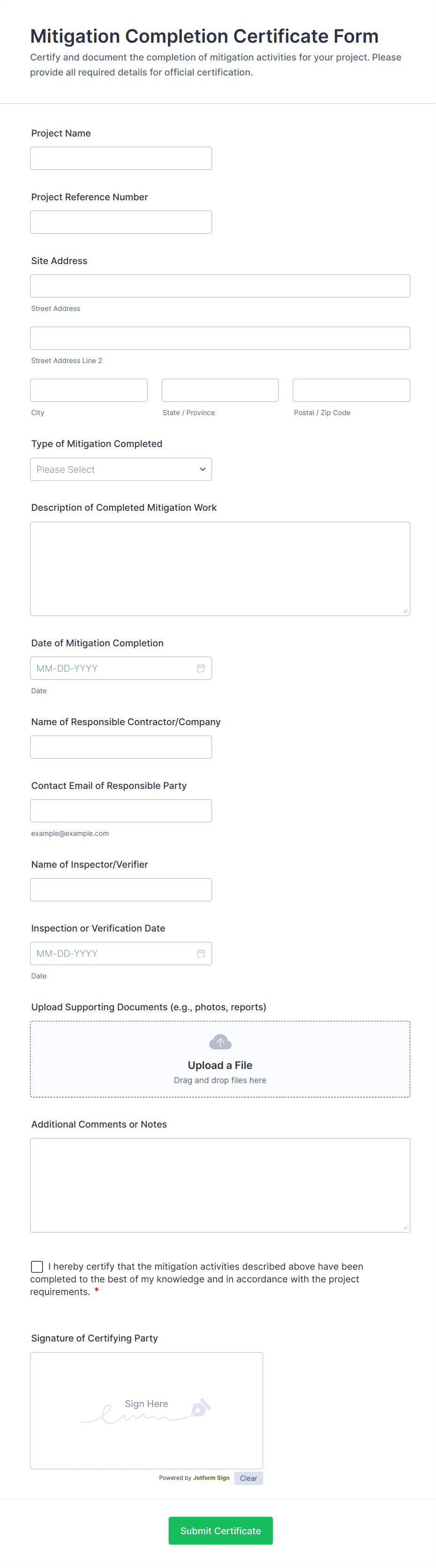 Mitigation Completion Certificate Form Template | Jotform