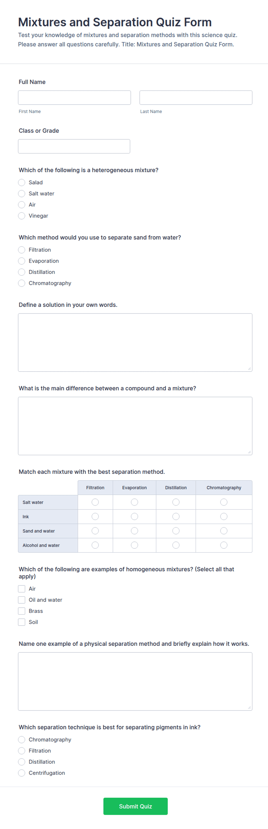 Mixtures and Separation Quiz Form Template | Jotform
