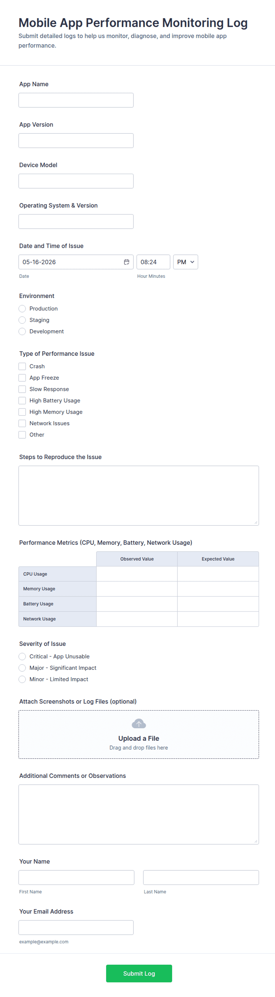 Mobile App Performance Monitoring Log Form Template | Jotform