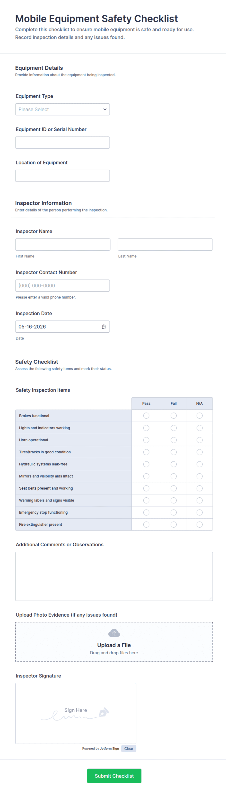 Mobile Equipment Safety Checklist Form Template | Jotform