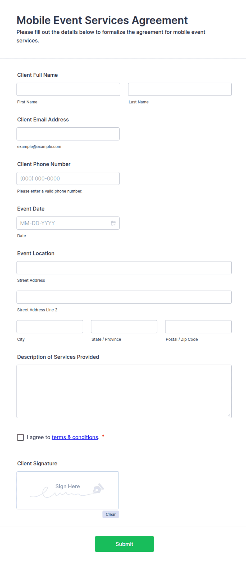 Mobile Event Services Agreement Form Template | Jotform