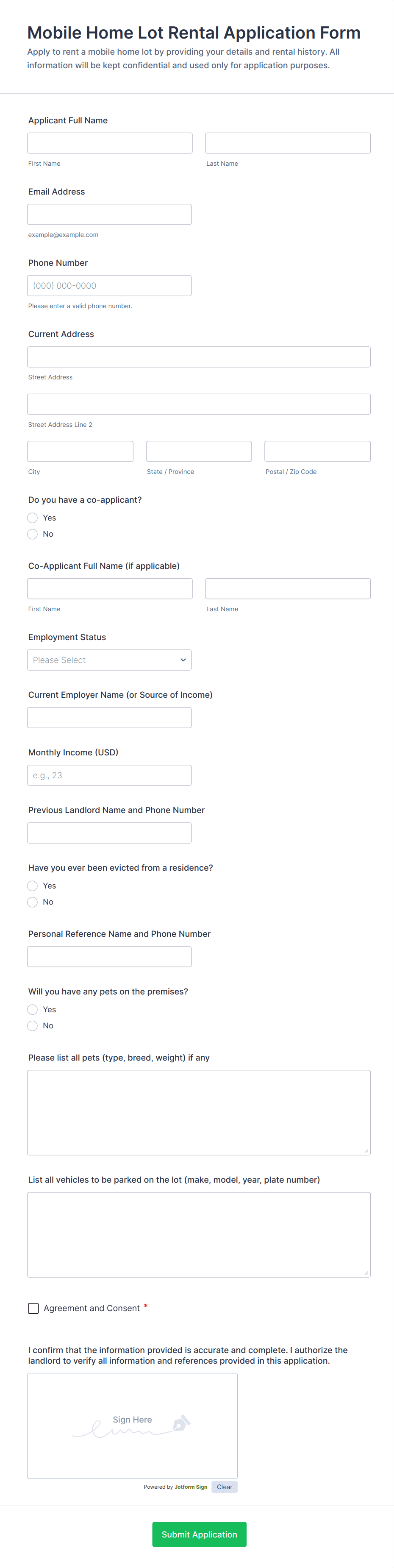 Mobile Home Lot Rental Application Form Form Template | Jotform