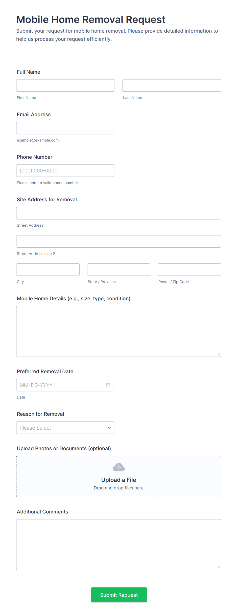Mobile Home Removal Request Form Template | Jotform