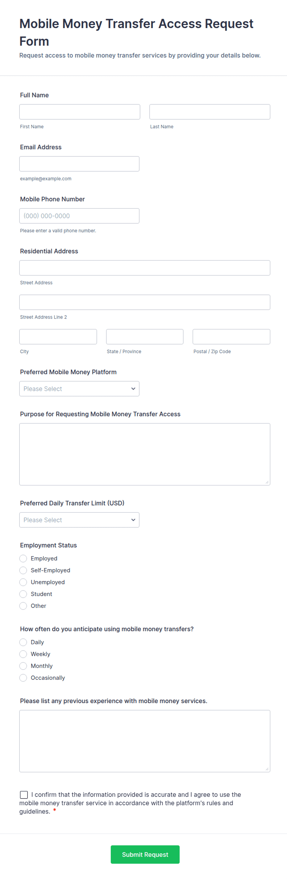 Mobile Money Transfer Access Request Form Template | Jotform