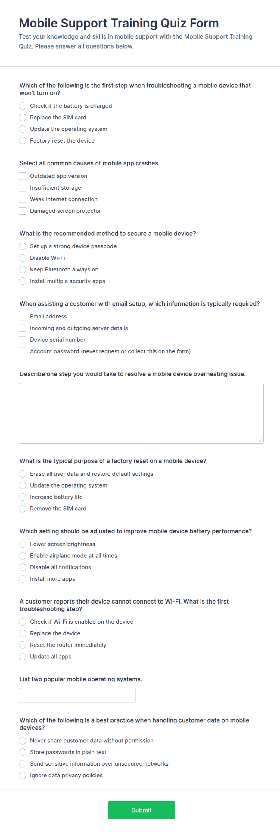 Mobile Support Training Quiz Form Template | Jotform