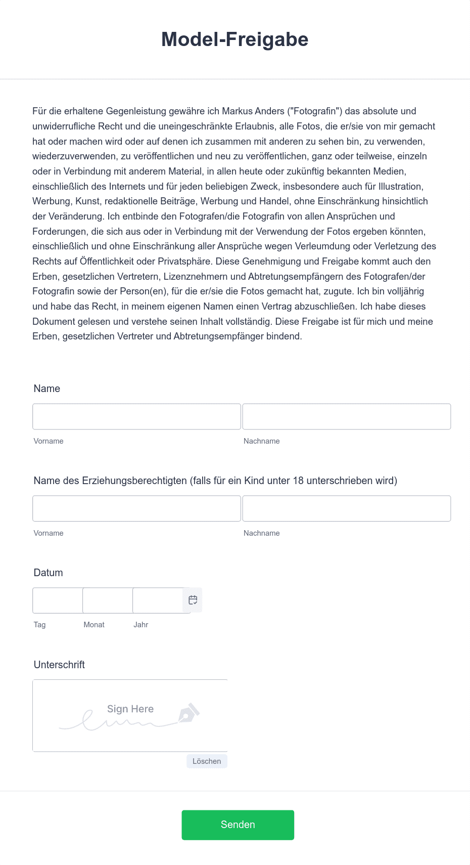 Model Freigabevereinbarung Formularvorlage | Jotform