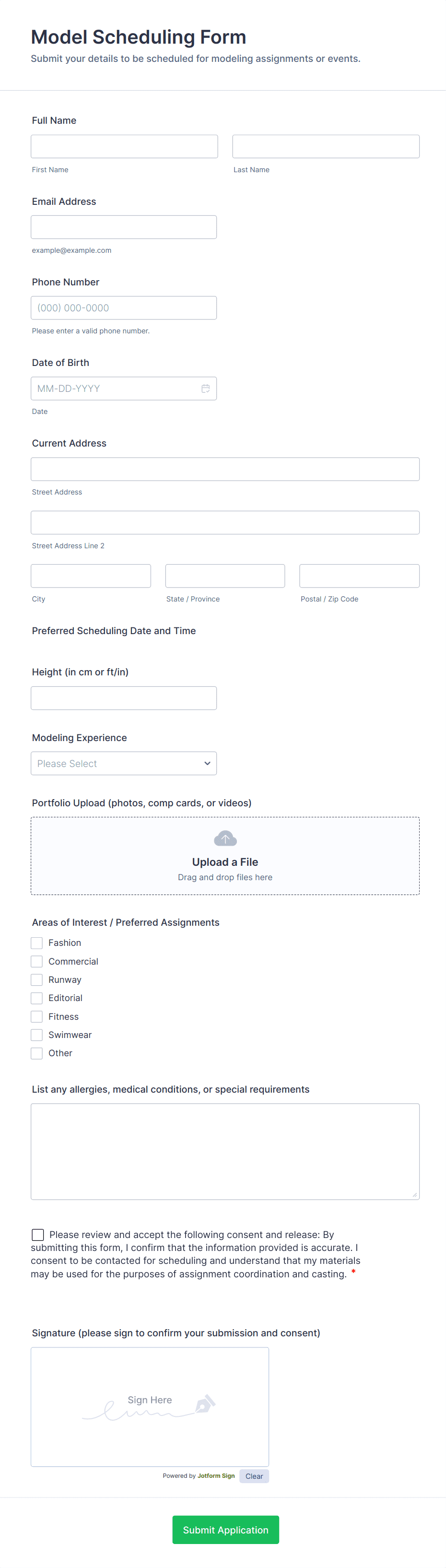 Model Scheduling Form Template | Jotform