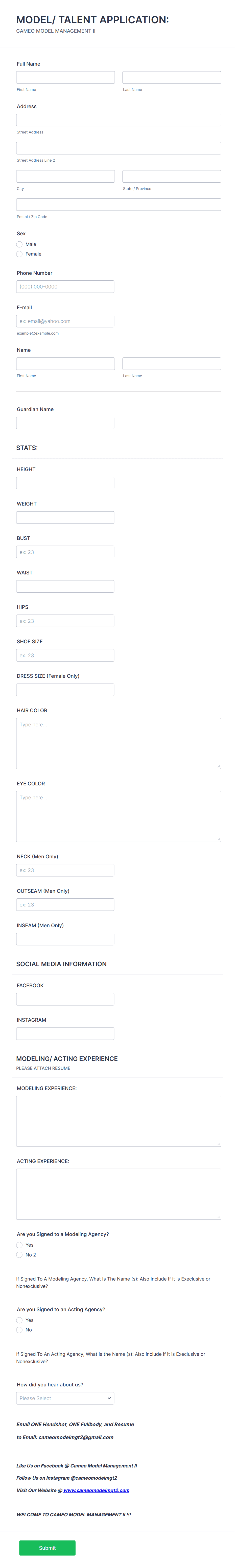 Model/ Talent Application Form Template | Jotform