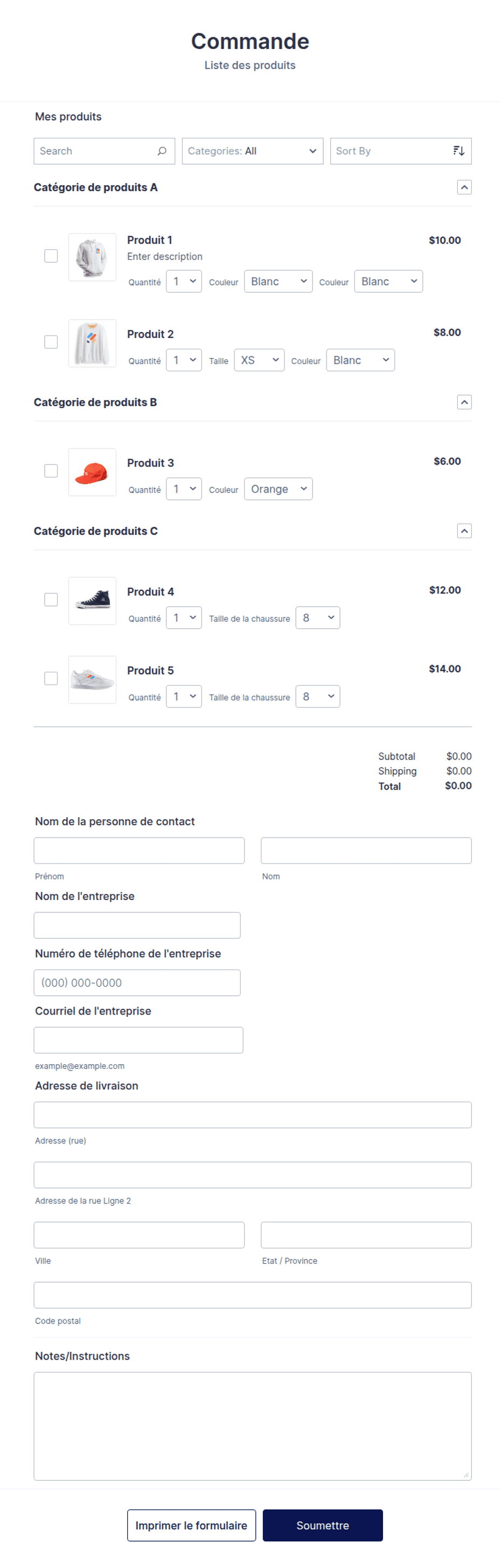 Modèle de commande de liste de produits | Jotform