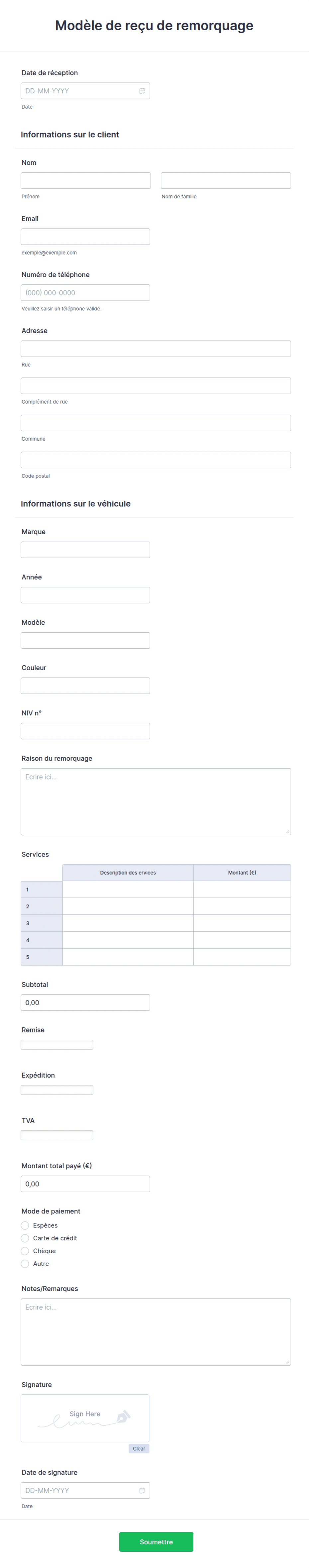 Modèle de reçu de remorquage | Jotform