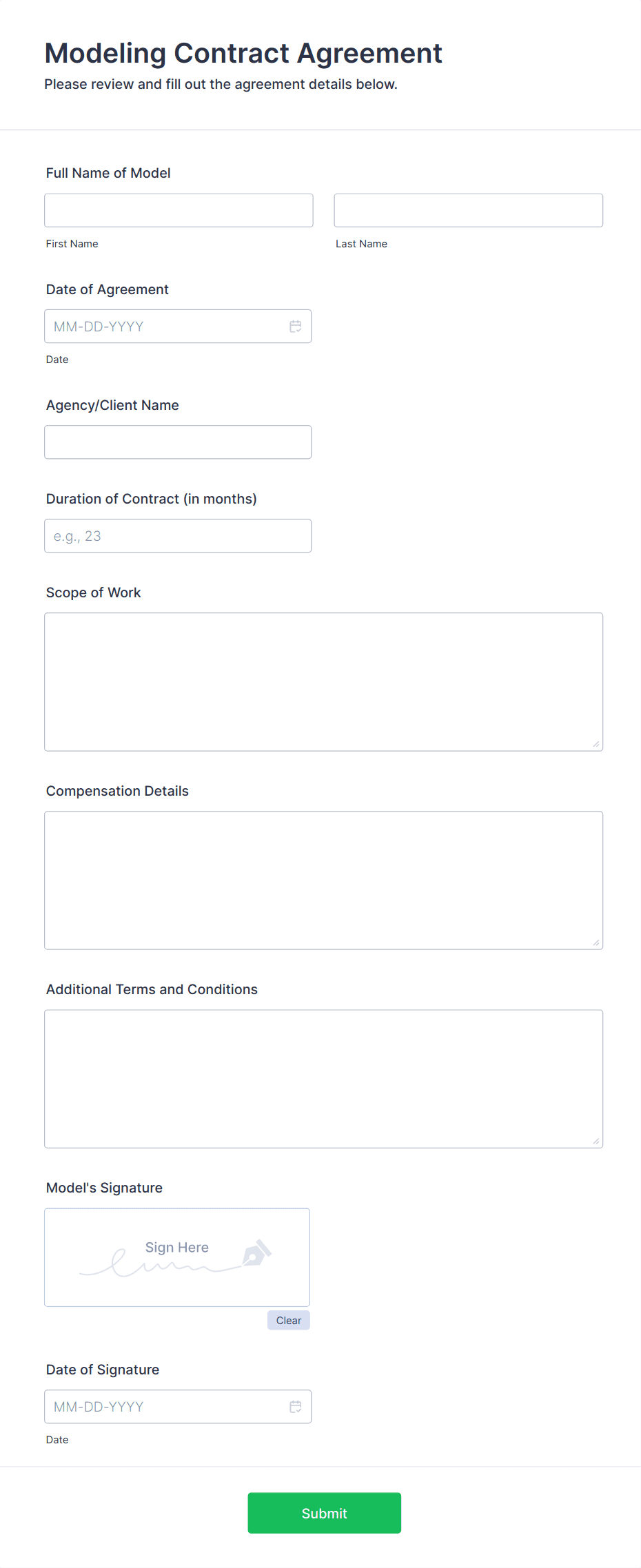 Modeling Contract Agreement Form Template | Jotform