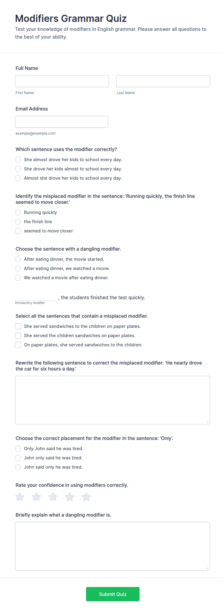 Modifiers Grammar Quiz Form Template | Jotform