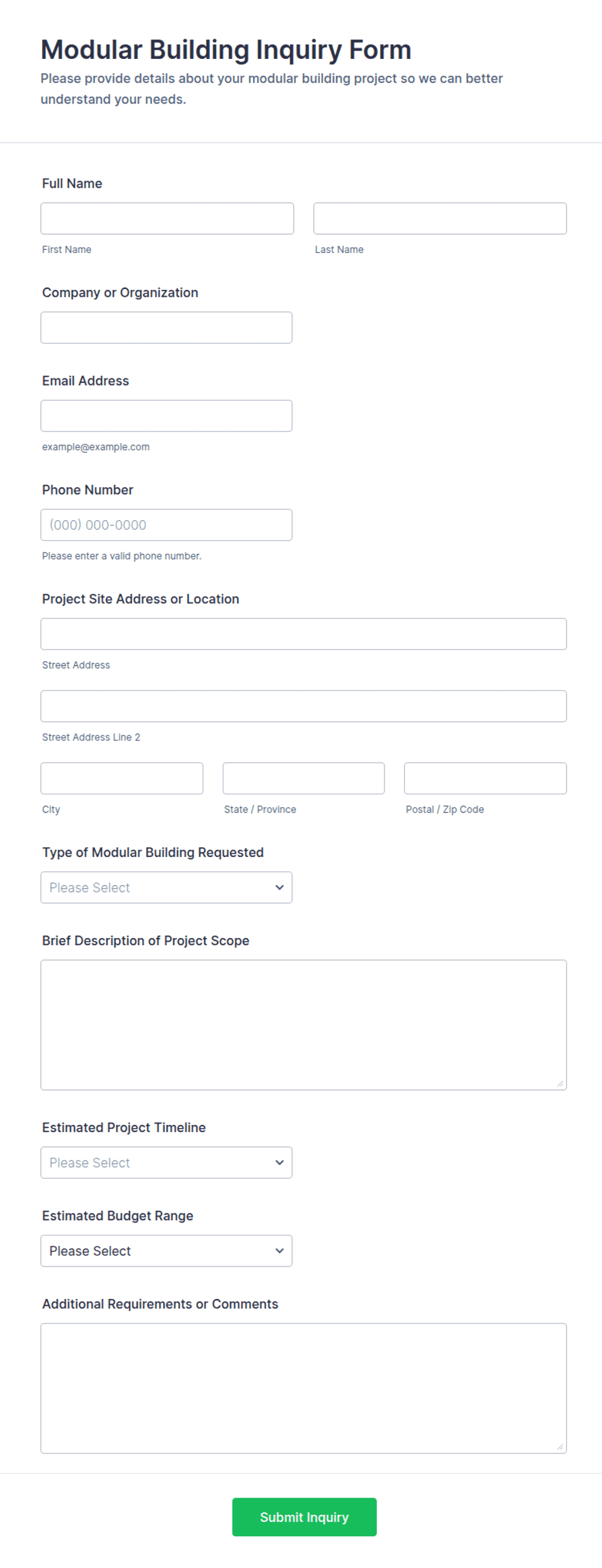 Modular Building Inquiry Form Template | Jotform