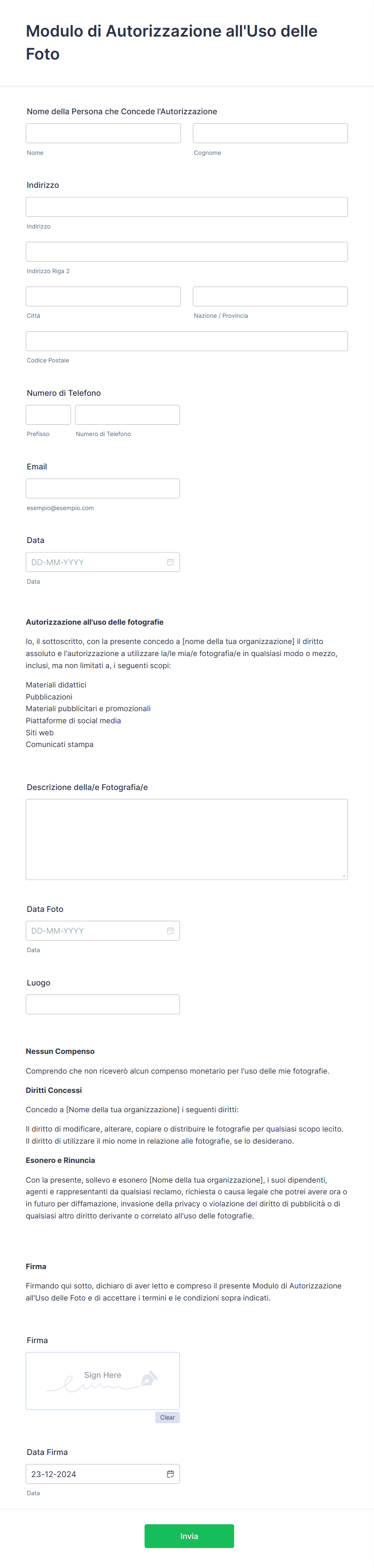 Modulo di Autorizzazione all'Uso delle Foto Template Modulo | Jotform