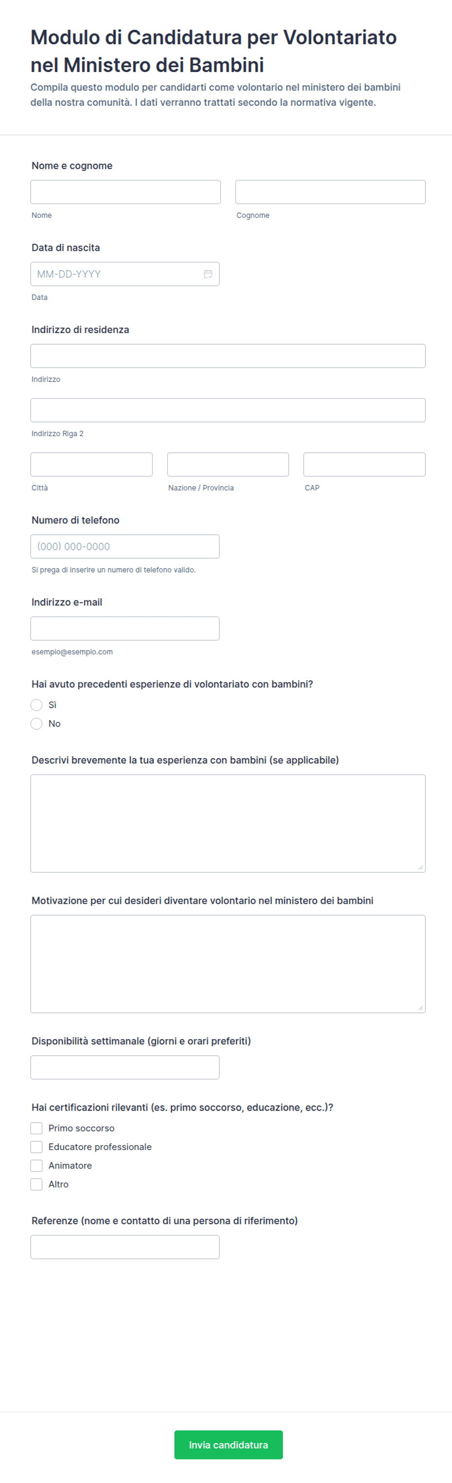 Modulo di Candidatura per Volontariato nel Ministero dei Bambini | Jotform