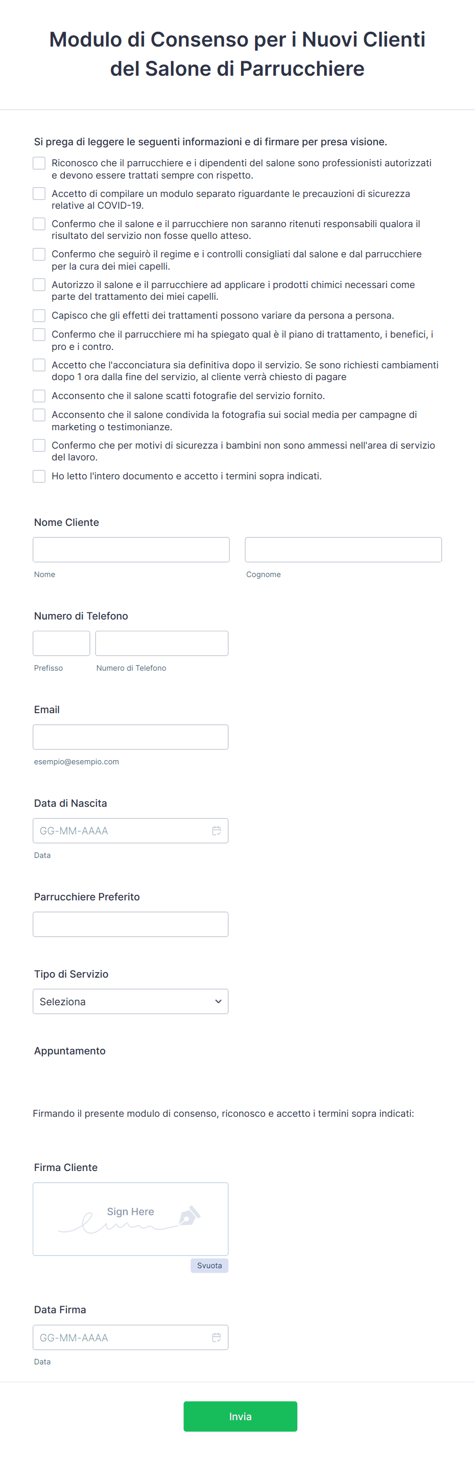 Modulo di Consenso per i Nuovi Clienti del Salone di Parrucchiere Template Modulo | Jotform