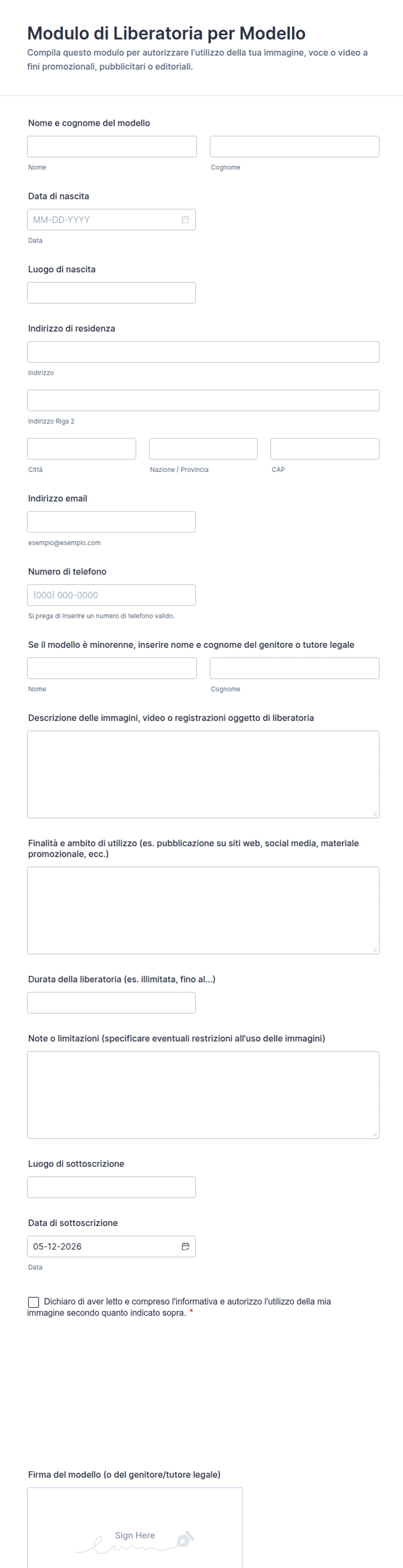 Modulo di Liberatoria per Modello | Jotform