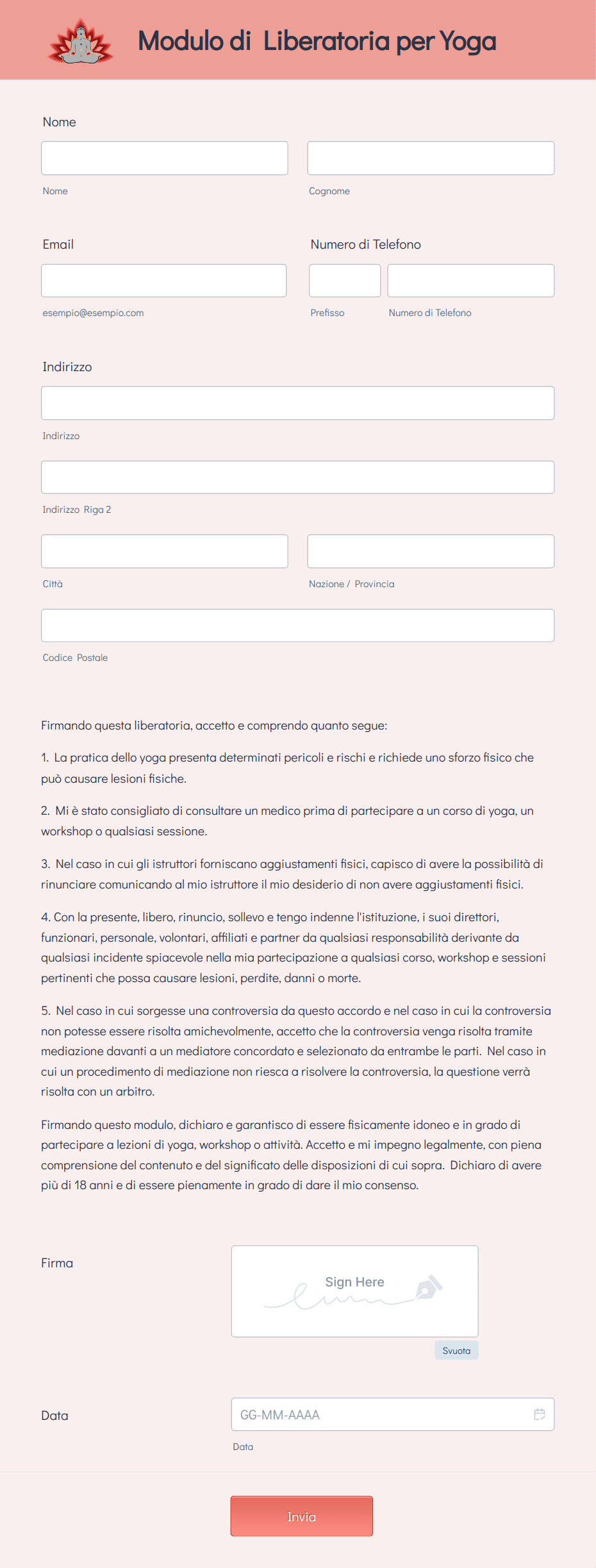 Modulo di Liberatoria per Yoga Template Modulo | Jotform