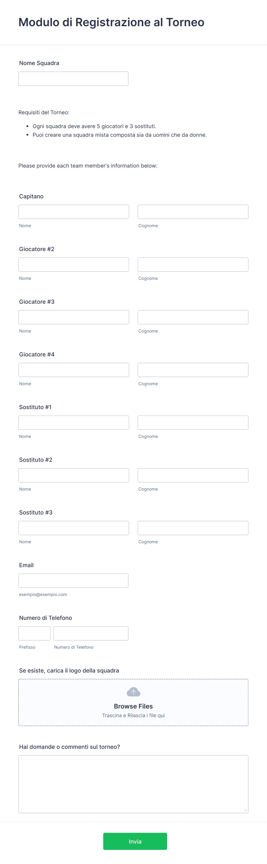 Modulo di Registrazione al Torneo Template Modulo | Jotform