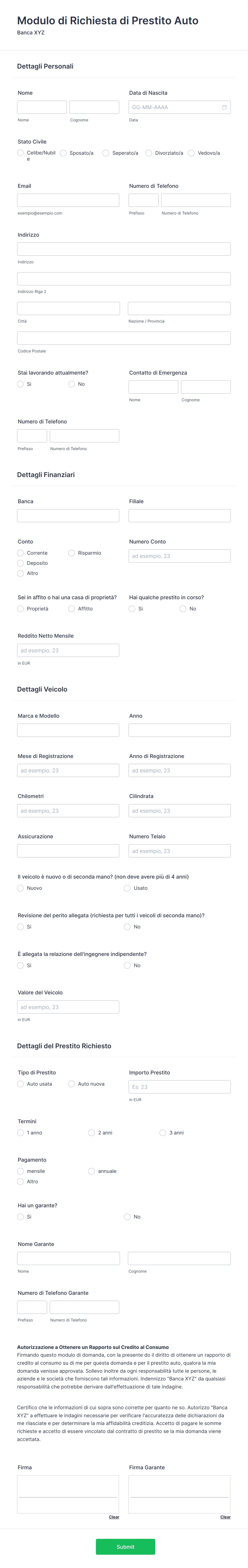 Modulo di Richiesta di Prestito Auto Template Modulo | Jotform