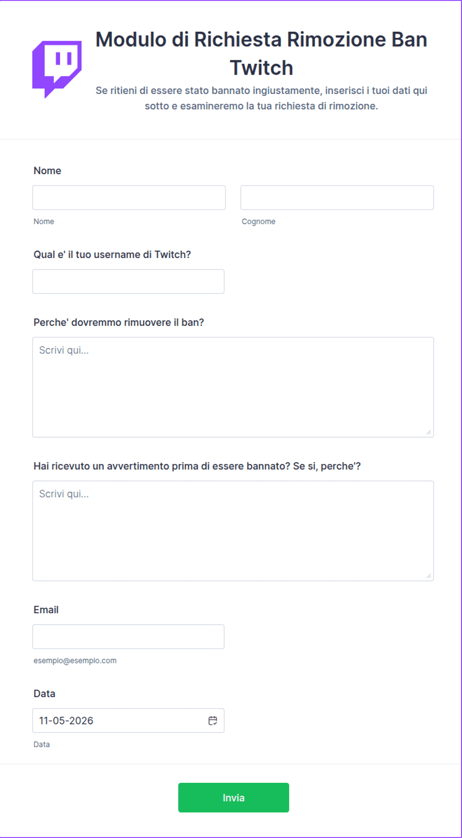 Modulo di Richiesta Rimozione Ban Twitch Template Modulo | Jotform
