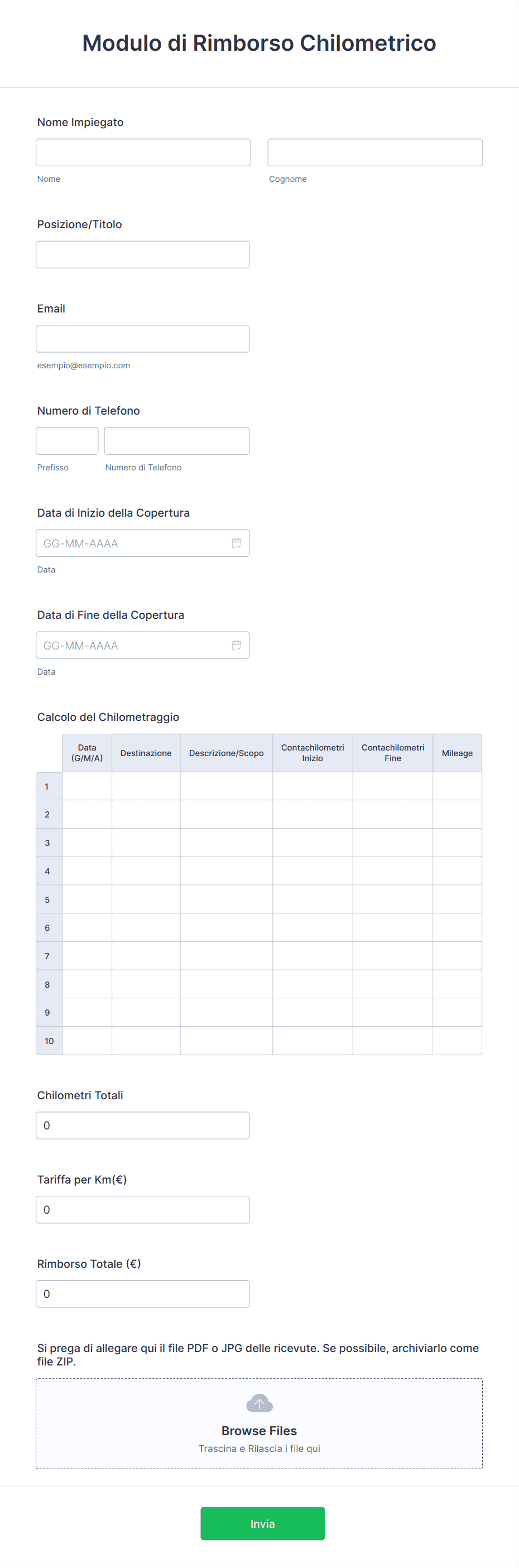 Modulo di Rimborso Chilometrico Template Modulo | Jotform