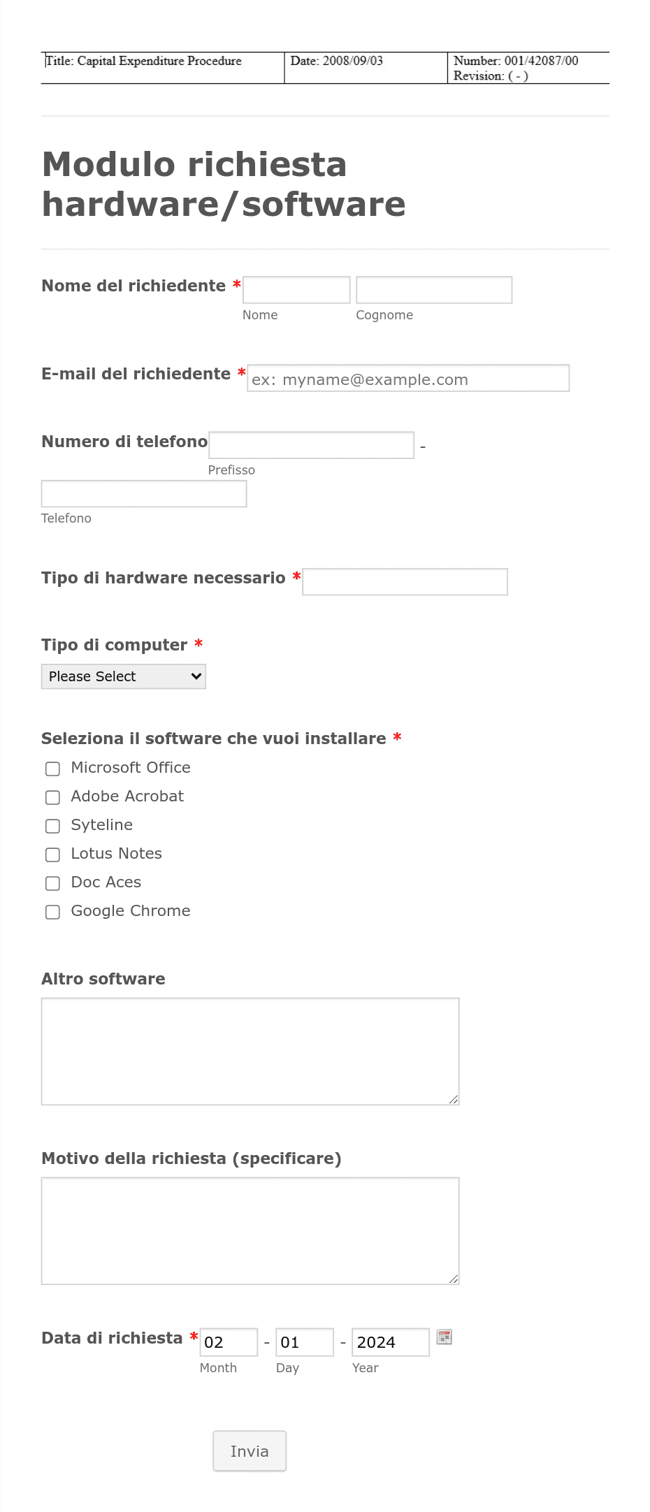 Modulo richiesta hardware/software Template Modulo | Jotform