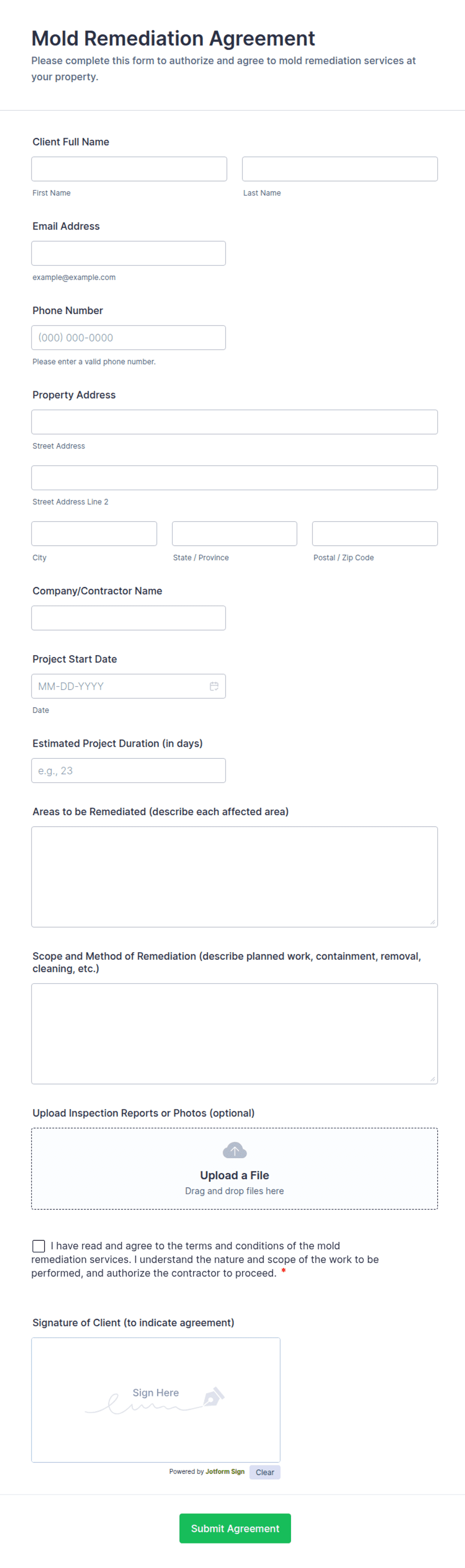 Mold Remediation Agreement Form Template | Jotform