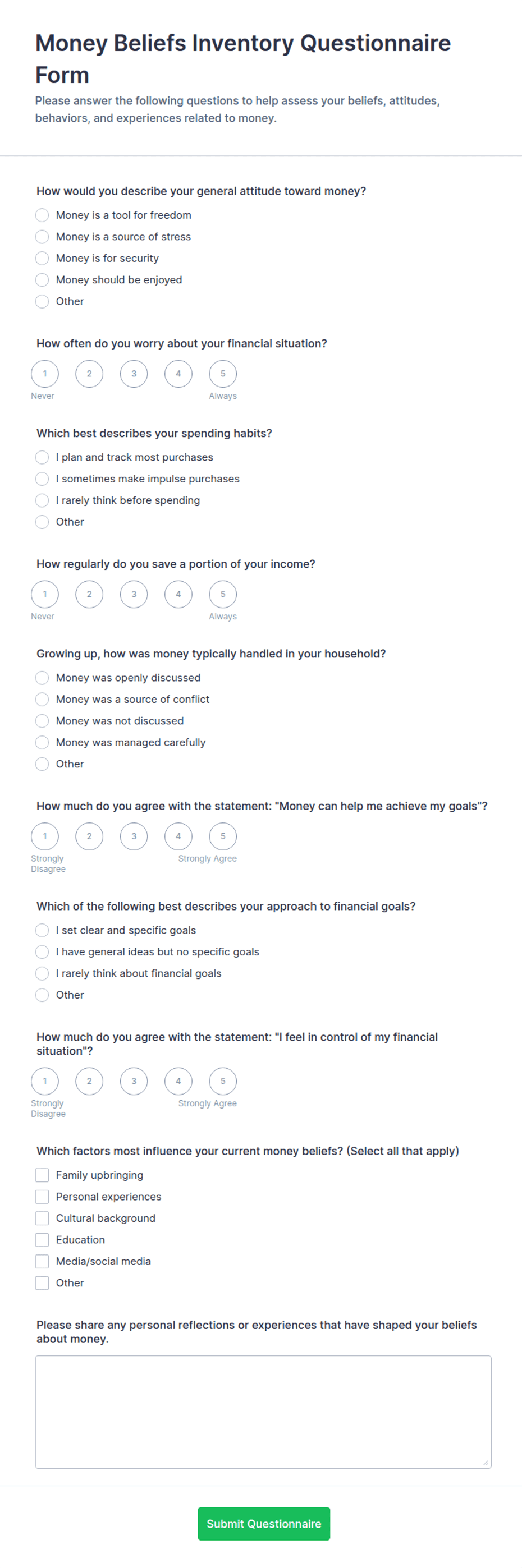 Money Beliefs Inventory Questionnaire Form Template | Jotform