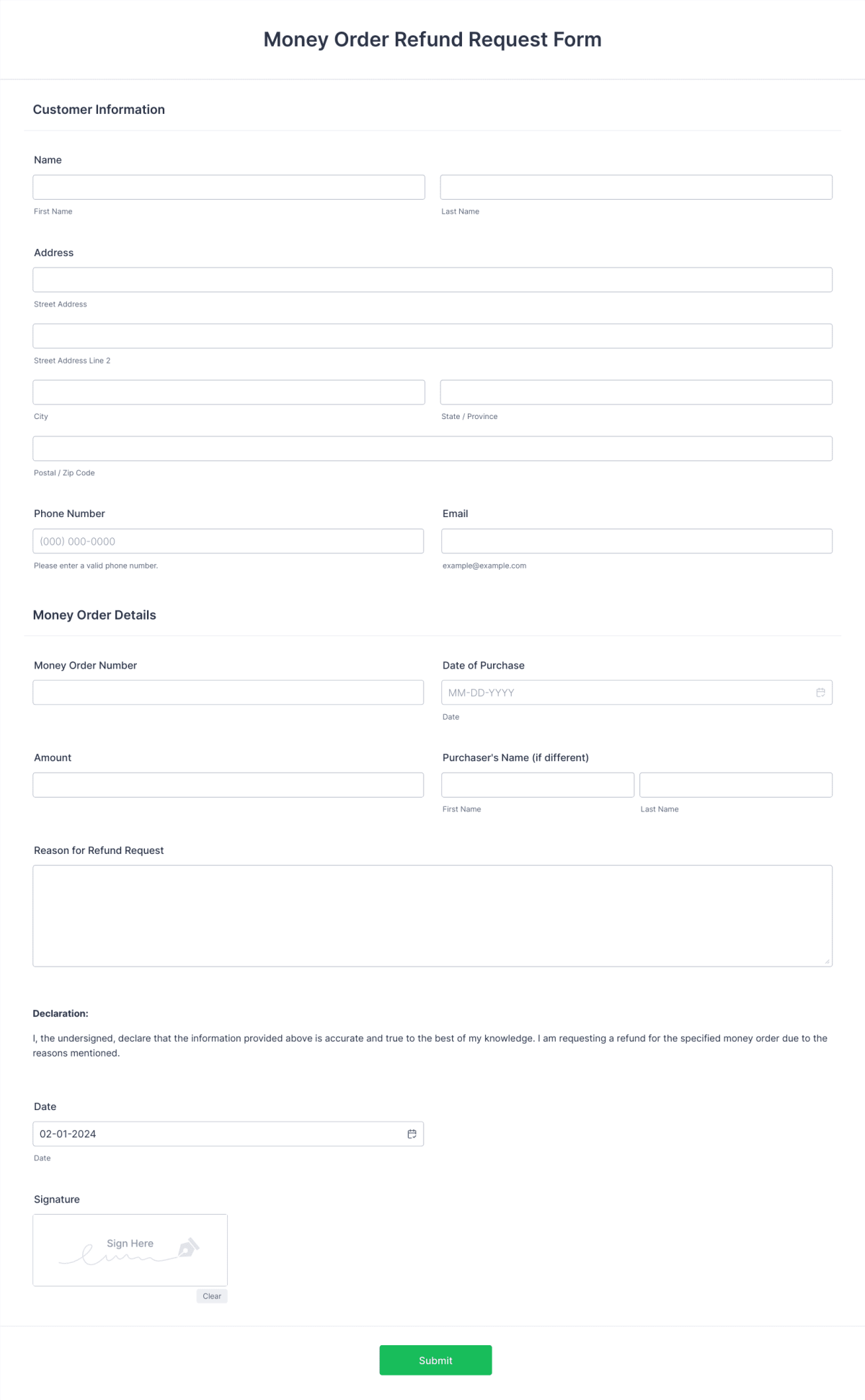 Money Order Refund Request Form Template | Jotform